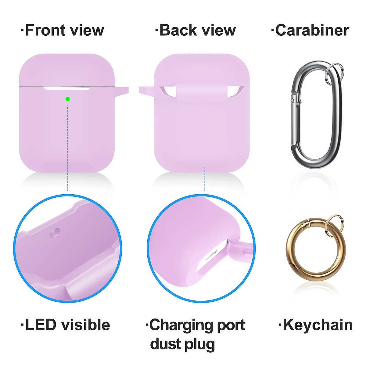 MOLOPPO AirPods Case Cover, Soft Silicone Protective Cover with Keychain for Women Men Compatible with Apple AirPods 2nd 1st Generation Charging Case, Front LED Visible- Pink Purple