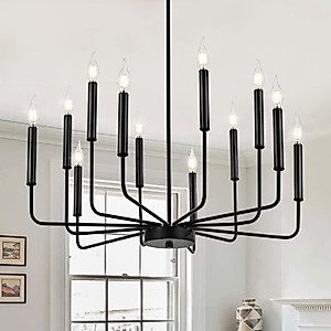 WOKNOS Modern Black Farmhouse Chandeliers, 12-Light Industrial Metal Chandelier Lighting, Classic Candle Hanging Pendant Light Fixtures for Living Room, Dining Room, Kitchen, Bedroom, Entryway-UL
