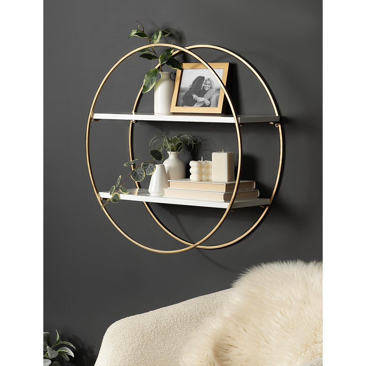 Kate and Laurel Sequoia Modern Round Wall Shelf, 24 Inch Diameter, White and Gold, Contemporary Glam 2-Tier Floating Shelf Decor for Living Room, Bedroom, or Bathroom Display