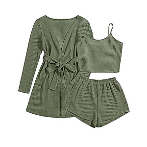 Ekouaer Womens Pajamas Set with Robe 3 Piece Loungewear Crop Cami Top and Shorts and Cardigan Solid Knit Sleepwear Sets (Army Green, XXL)