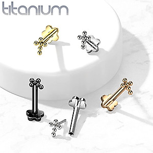 Dynamique Implant Grade Titanium Threadless Push In Flower Base Labret, Flat Back Stud With Ball Cross Top For Cartilage, Lip, Nose (Sold Per Piece)