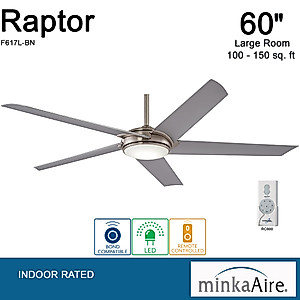 Minka-Aire F617L-BN Raptor 60 Inch LED Ceiling Fan with DC Motor and Integrated 16W LED Light in Brushed Nickel Finish