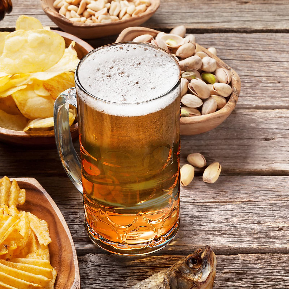 Mezchi 6 Pack Plastic Beer Mugs, 20 oz./600ml Beer Steins with Handles, Resuable Beer Drinking Cups, Clear Large Beer Mugs for Bar, Beverages, Alcohol, Freezable, BPA Free