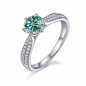 Womens Green Moissanite Rings, 1 Carat Round Solitaire Lab Grown Diamond Engagement Ring Halo Promise Eternity Rings for Her, Sterling Silver Wedding Band for Women with Jewelry Box