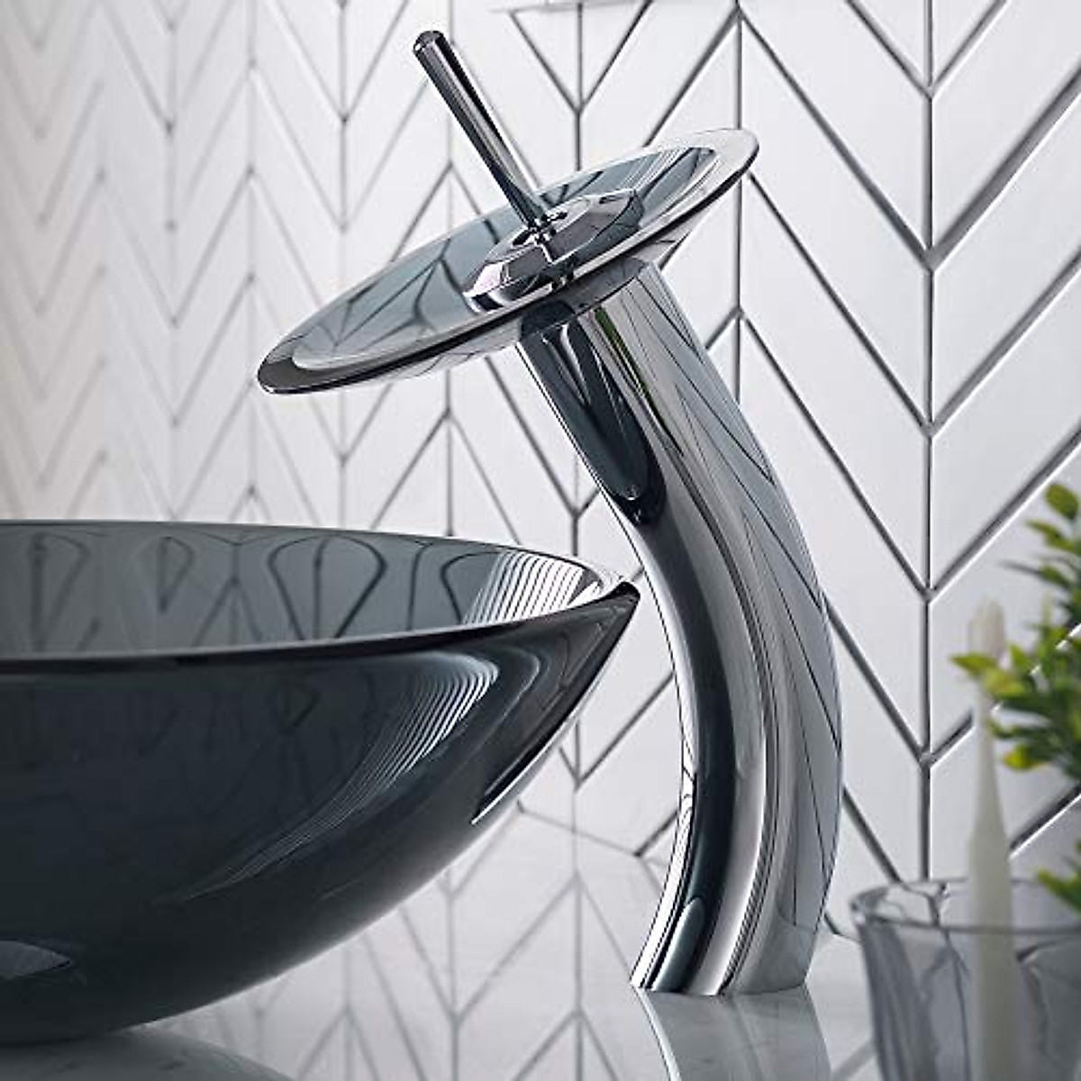 Single Lever Vessel Glass Waterfall Bathroom Faucet Chrome with Black Clear Glass Disk and Matching Pop Up Drain