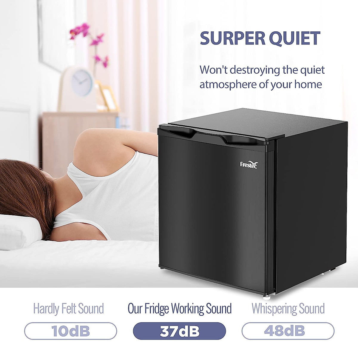 Frestec 1.7 Cu.Ft. Mini Fridge with Freezer, Energy Saving, Reversible Doors, 37 dB, 6 Adjustable Mechanical Thermostat for Bedroom, Office, Dorm, Black