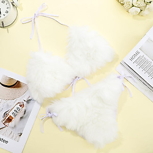 Ramede 4 Pcs Women's Faux Fur Bikini Bra Top Fur Headband Wrist Cuffs Bikini Panties Set Furry Suits for Women Swimsuits(White)