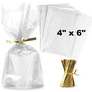 Zcintert Clear Cello Cellophane Treat Bags, 200 Pcs - 3.9" x 5.9"(2mils), Plastic Gift Bags for Candy, Party Favor, Cookies, Candies Packaging, with 4” Twist Ties