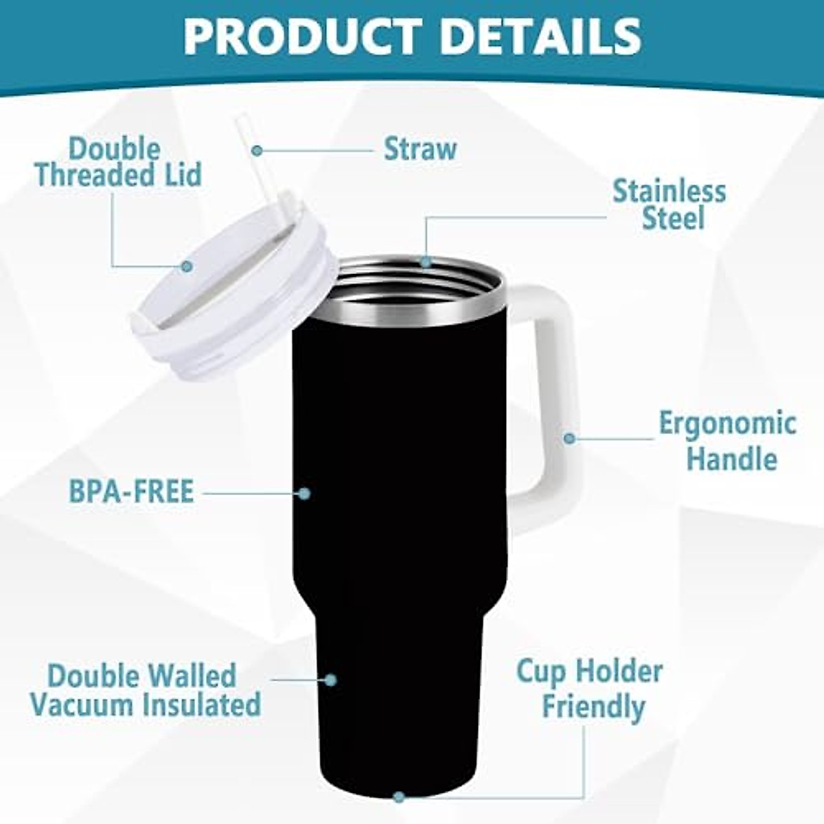 MCHIVER Black Tumbler with Lid and Straw 40 oz Insulated Water Bottle Leakproof Tumblers for Water Tea Coffee