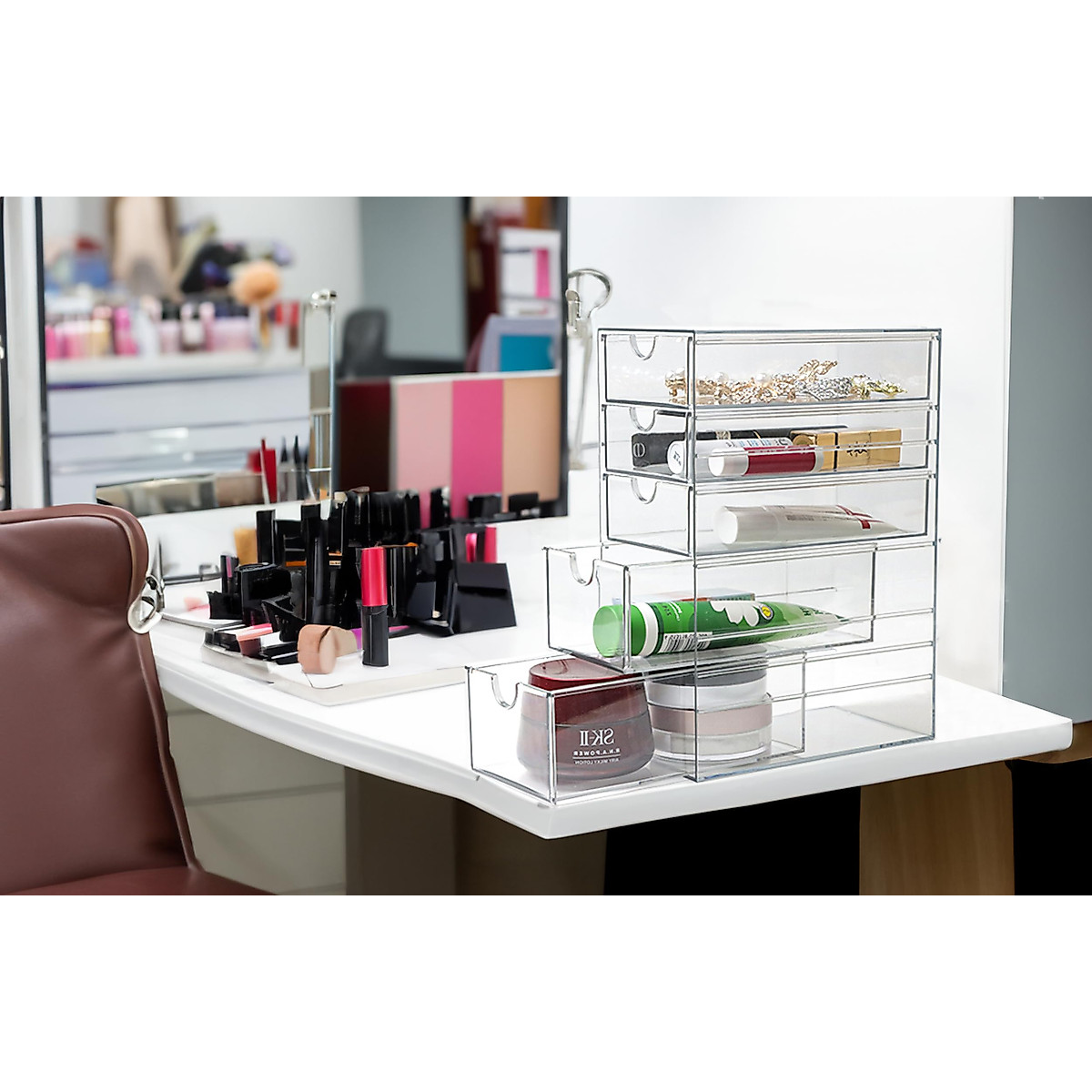 Plastic Drawer Storage with 5 Different Sizes Drawers, Clear Light Gray Hair Accessories Organizer, Transparent Bathroom Organizer, Clear Organizer Drawers, Dresser Organizer