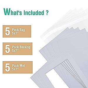Acid Free 5 Pack 5x7 Pre-Cut Mat Board Show Kit for 4x6 Photos, Prints or Artworks, 5 Core Bevel Cut Matts and 5 Backing Boards and 5 Crystal Plastic Bags, White