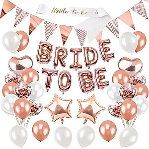 BINQOO Bride to Be Bachelorette Party Kit Rose Gold Banner Miss to Mrs Foil Balloons Bride to Be Sash for Bridal Shower White Confetti Balloons Engagement Wedding Party Decor Set