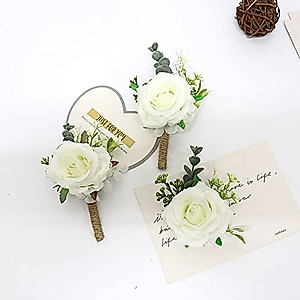 White Ivory Wrist Corsage and Boutonniere Set Bride Bridesmaid Hand Flower Corsage Wristlet Men Boutonniere for Wedding Party Prom Decorations