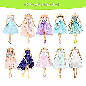 Doll Clothes and Accessories 39 Pack, 2023 Newest Unique & Fashion Forest Fairy Dress for Dolls, 10 Fairy Dress, 10 Mini Dress and 9 Accessories, 10 Shoes
