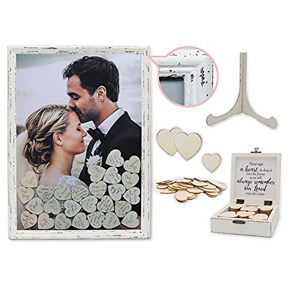 PMPX Wedding Guest Book Alternative Vintage Drop Top Frame with Stand, 90 Wood Hearts, Matching Box with Message Inside The Lid. Weddings, Bridal or Baby Shower, Anniversary, or Special Event.
