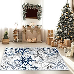 Tinideya Christmas Area Rug 5 x 7 ft Blue Snowflakes Winter Area Rug for Indoors Washable Blue Silver Xmas Door Mat Holiday Decor Carpet for Christmas Kitchen Living Room Bathroom Decor