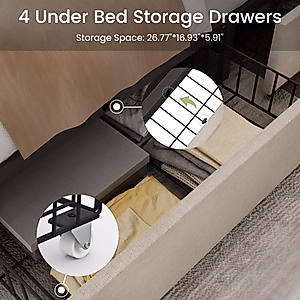 LARMACE King Size Platform Bed Frame with 4 Storage Drawers and Headboard Linen Upholstered Bed Frame Tufted Beds with Wood Slats Support, Easy Assembly, Noise-Free, Beige