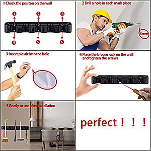 Mop Broom Holder Wall Mounted, Cleaning Tools Rack Hanger with 5 Slots 6 Hooks, Garage Organizer for Closet Kitchen Garden Garage Basement (Black)