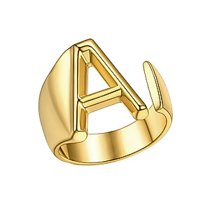 FindChic Initial Ring Chunky Gold Rings That Don't Tarnish Statement Ring for Women Cute Letter A Adjustable Open Rings for Women 18K Gold Plated Stacking Name Ring Size 6 7 8 9 Jewelry