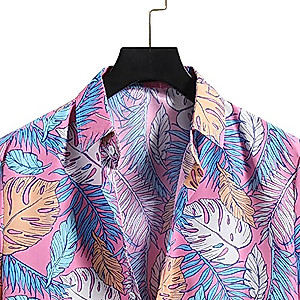 Men's Casual Summer Print Buttons V-Neck Short Sleeves O-Neck Loose Hawaii Shirts Blouse Tops(Pink, L)