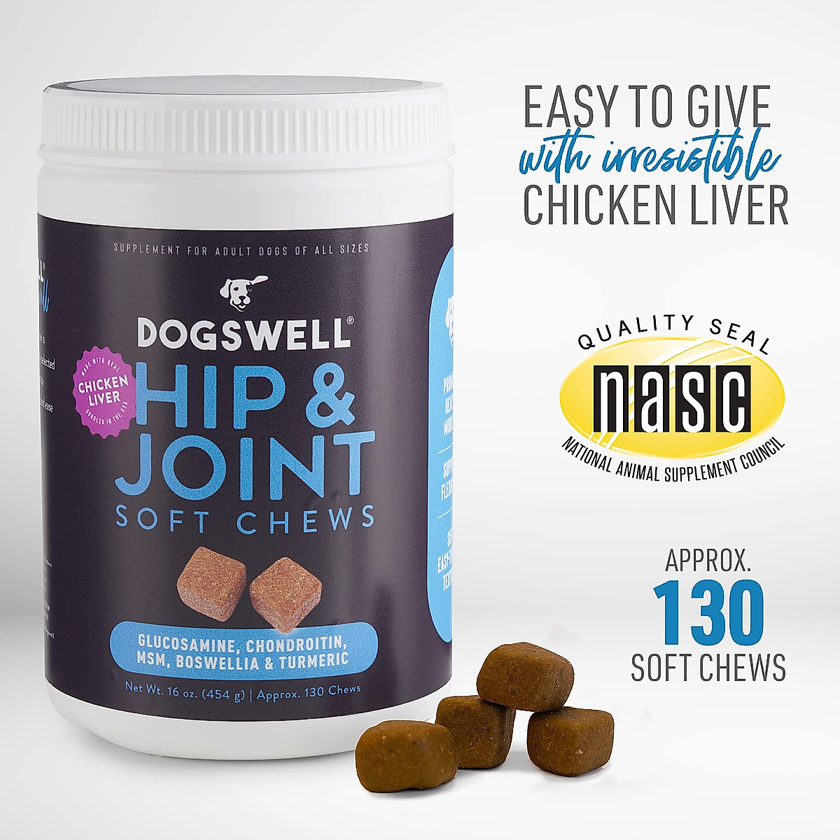DOGSWELL Hip and Joint Supplement for Dogs - Soft Chews with Glucosamine, Chondroitin, MSM, Boswellia & Turmeric, 1 Pound