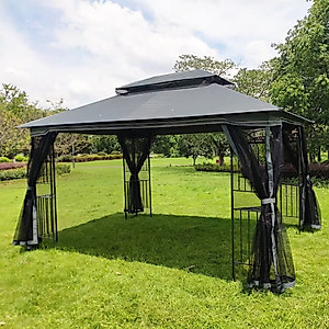 JINS&VICO 13x10 ft Gazebo Double Roof Canopy with Netting and Shaded Curtains, Outdoor Gazebo 2-Tier Hardtop Galvanized Iron Aluminum Frame Garden Tent for Patio, Backyard, Deck and Lawns, Gray