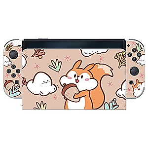 PlayVital Full Set Protective Stickers for Nintendo Switch OLED Model, Customized Vinyl Decal Skins for Switch OLED Console & Joycon & Dock & Grip - Squirrel with Acorn