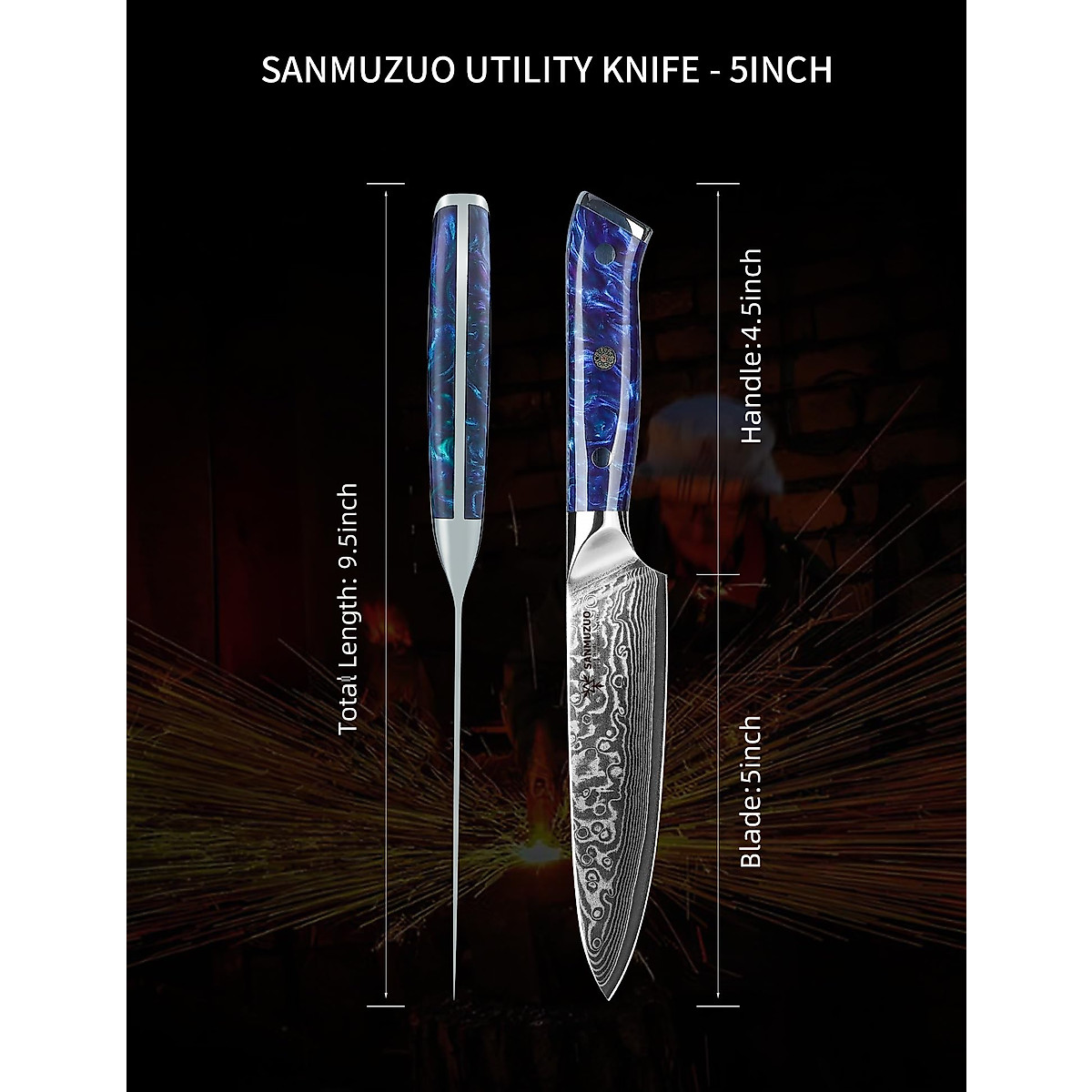 SANMUZUO 5 Inch Kitchen Utility Knife - Xuan Series - VG10 Damascus Steel Kitchen Knives - Resin Handle (Sapphire Blue)