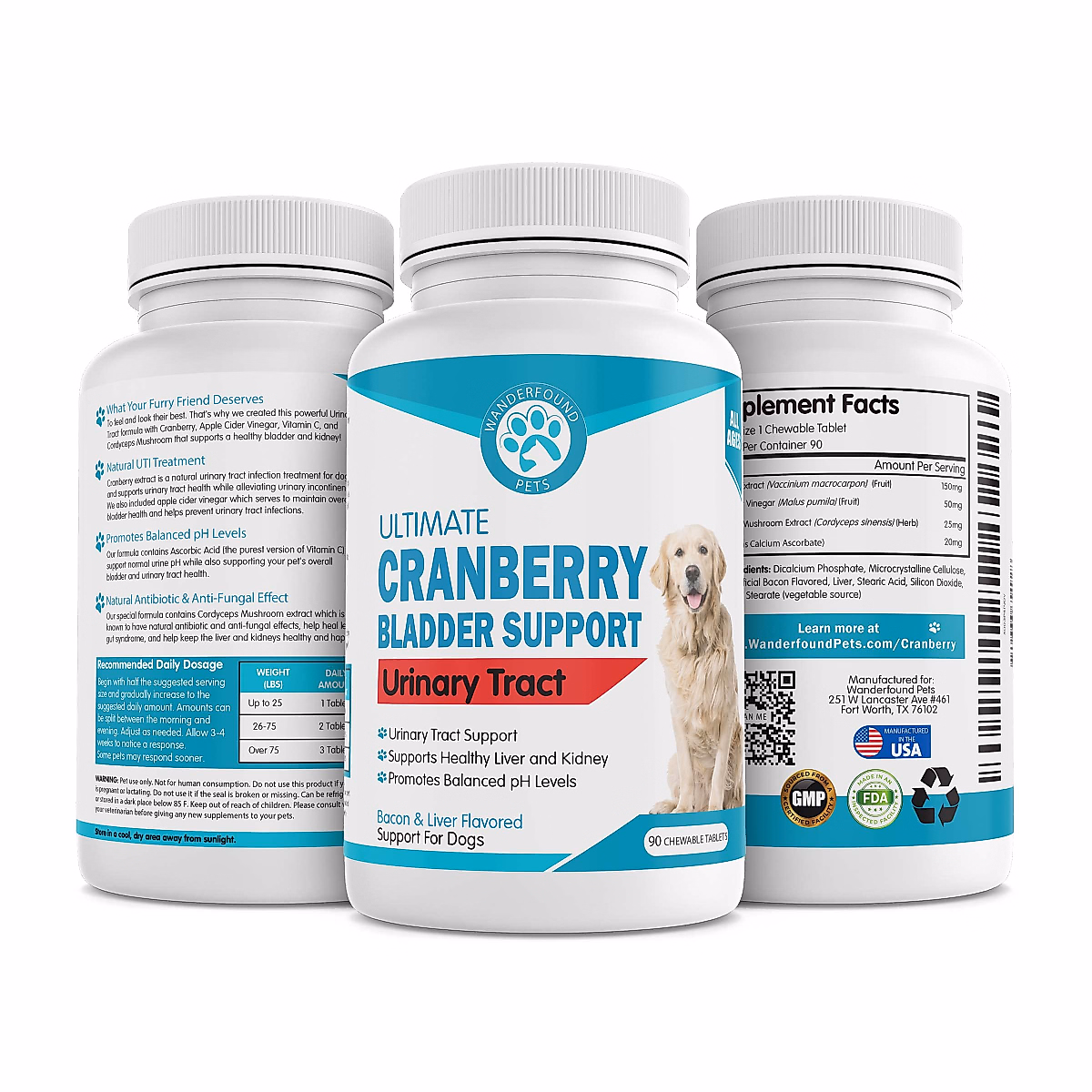 Wanderfound Pets Ultimate Cranberry Bladder UTI Support Supplement for Dogs - Dog Urinary Tract Infection Incontinence Formula with Cordyceps Mushroom - Bacon & Liver Flavor - 90 Chewable Tablets