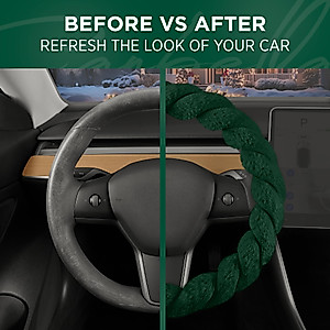 Carbella Twisted Fur Holiday Green Steering Wheel Cover, Standard 15 Inch Size Fits Most Vehicles, Fuzzy Fluffy Car Steering Cover with Soft Faux Fur Touch, Car Accessories for Women