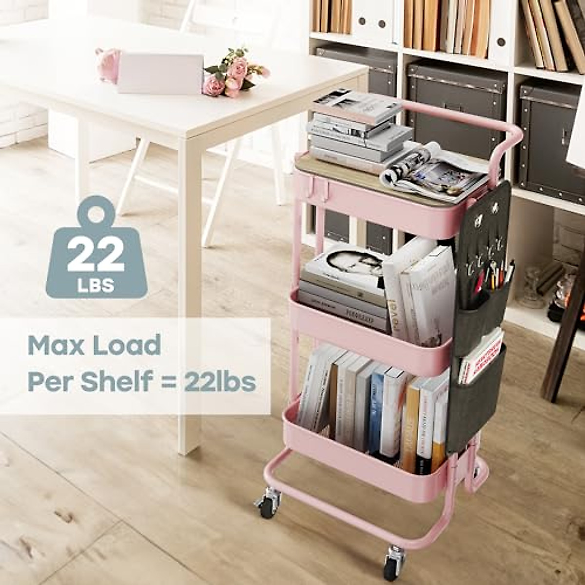 DTK 3 Tier Metal Utility Rolling Cart with Table Top and Side Bags, Metal Tray Storage Organizer Cart with Wheels, Art Craft Cart with 4 Hooks for Kitchen Bathroom Office Living Room (Pink)