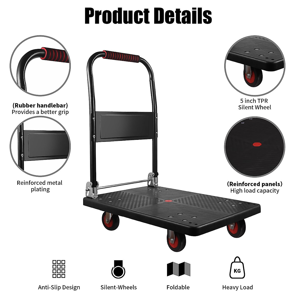 FRYPLS Folding Platform Truck Cart,36''×24'' 1420LBS Foldable Hand Push Flated Dolly Moving Cart with 360° 5'' TPR Rotatable Silent Strong Wheels for Warehouse, Supermarket, Agricultural Transportatio
