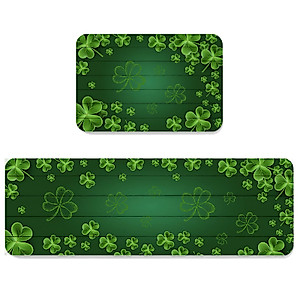St. Patrick's Day Shamrocks Kitchen Mats Sets 2 Piece, Lucky Shamrocks Clover Green Wood Grain Kitchen Rug Non-Slip Washable Runner Carpets for Patrick's Day Decorations, 15.7" x 23.6" + 15.7" x 47.2"