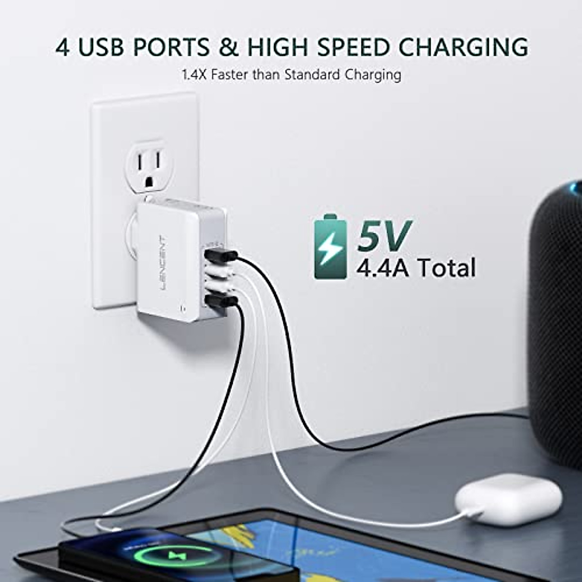 Multiple USB Wall Charger, [22W/4.4A] LENCENT 4 Port USB Travel Power Adapter, All in One Worldwide Cell Phone Charger With UK US EU European Australia, International Block Cube Plug for iPhone & IPad