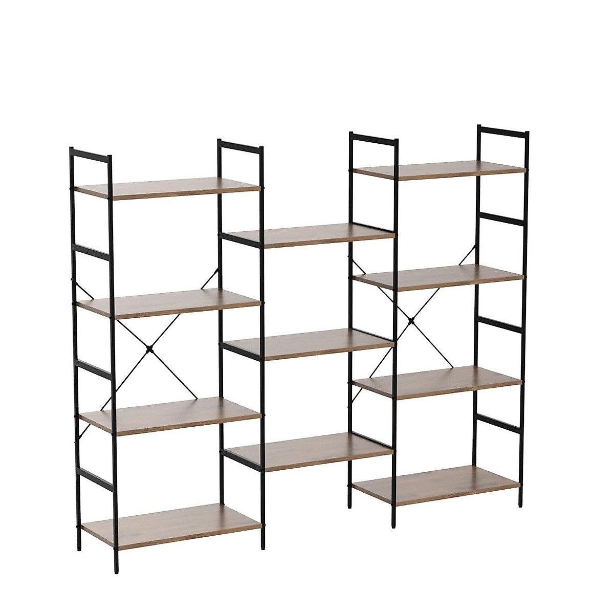 LIFUSTTG Triple Wide 4 Tier Bookshelf, Large Etagere Bookshelves and Bookcase Wood Metal, Industrial Book Shelf Open Display Storage Shelves for Living Room/Home Office