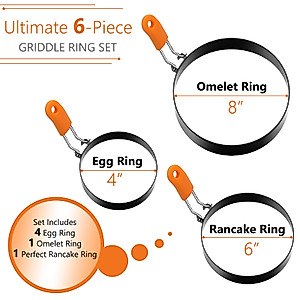 6 Pcs Professional Pancake Ring Set Stainless Steel Fried Egg Ring Griddle Pancake Shapers with Orange Silicone Handle for Breakfast Omelette Sandwich(4 Inch, 6 Inch, 8 Inch)