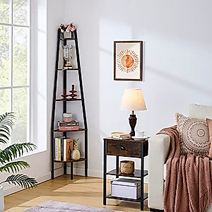 Hoctieon Corner Shelf, Industrial 5-Tier Corner Bookshelf, Rustic Corner Ladder Shelf, Corner Bookcase for Small Spaces, Bedroom, Living Room, Home Office, Kitchen, Balcony, Rustic Brown