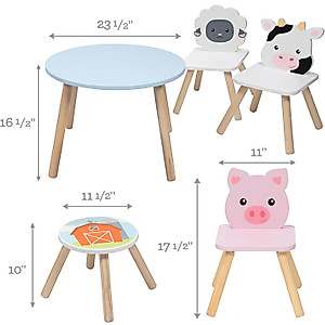 Kids Wooden Animal Table & Chair Set w 4 Seats- Cow Pig Sheep plus Adult Stool for Arts Crafts, Dining, Pretend Play- Durable Playroom Furniture for Home, Daycare Classroom- Toddler Children Xmas Gift