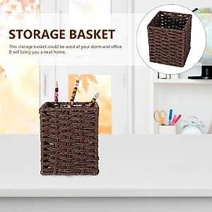 Cabilock Yellow Wicker Pencil Holder Pen Holder Rattan Makeup Brush Holder Makeup Holder Pencil Cup Desk Cup Holder Cutlery Utensil Caddy Silverware Holder