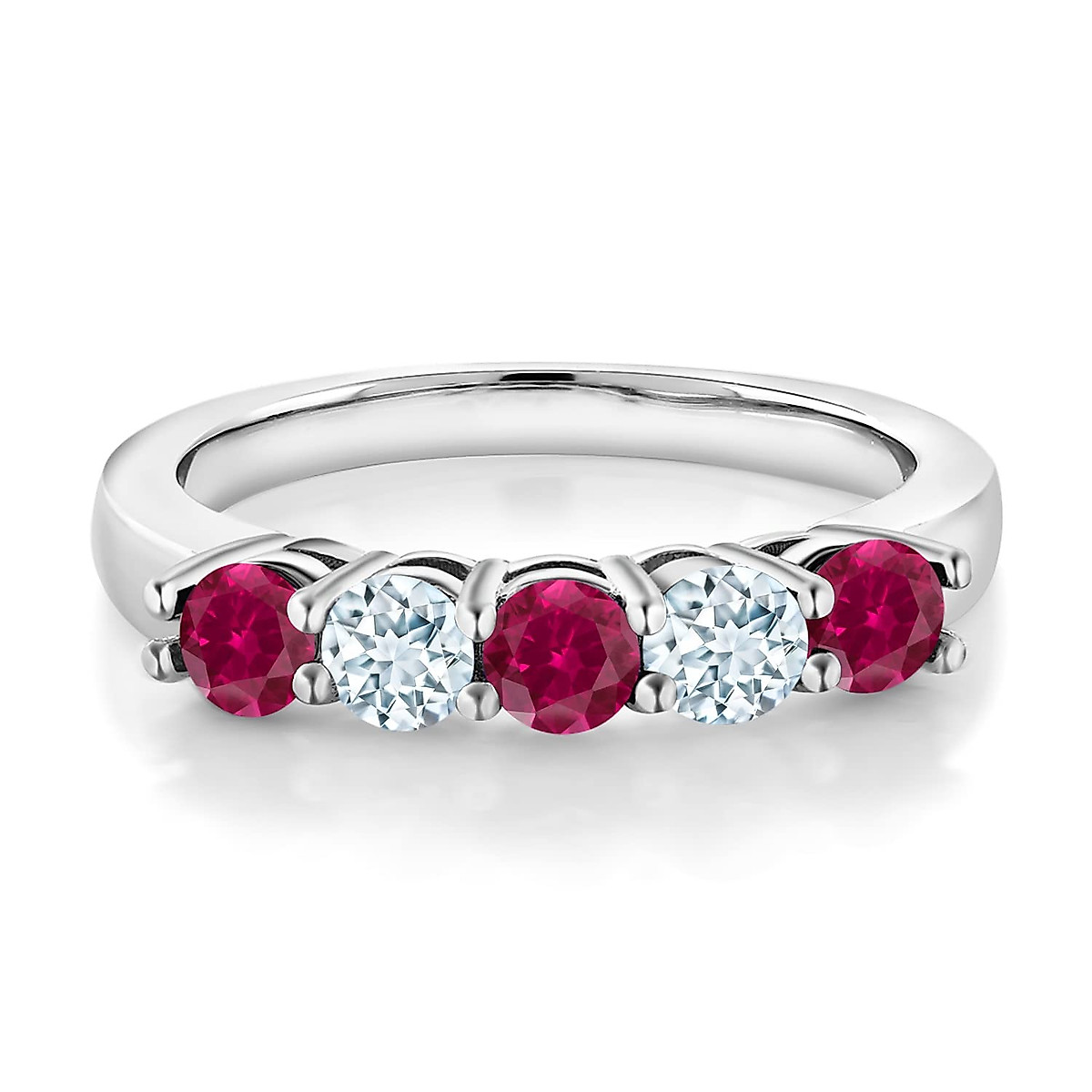 Gem Stone King 925 Sterling Silver Red Created Ruby and Sky Blue Aquamarine 5-Stone Wedding Anniversary Band Ring For Women (1.09 Cttw, Gemstone July Birthstone, Available In Size 5, 6, 7, 8, 9)