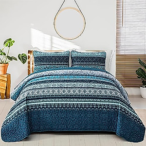 WONGS BEDDING Boho King Quilt Set, Blue Bohemian King Quilt Bedding Set, Lightweight Microfiber Bed Decor Bedspread for All Season 103"x90"(3 Pieces)