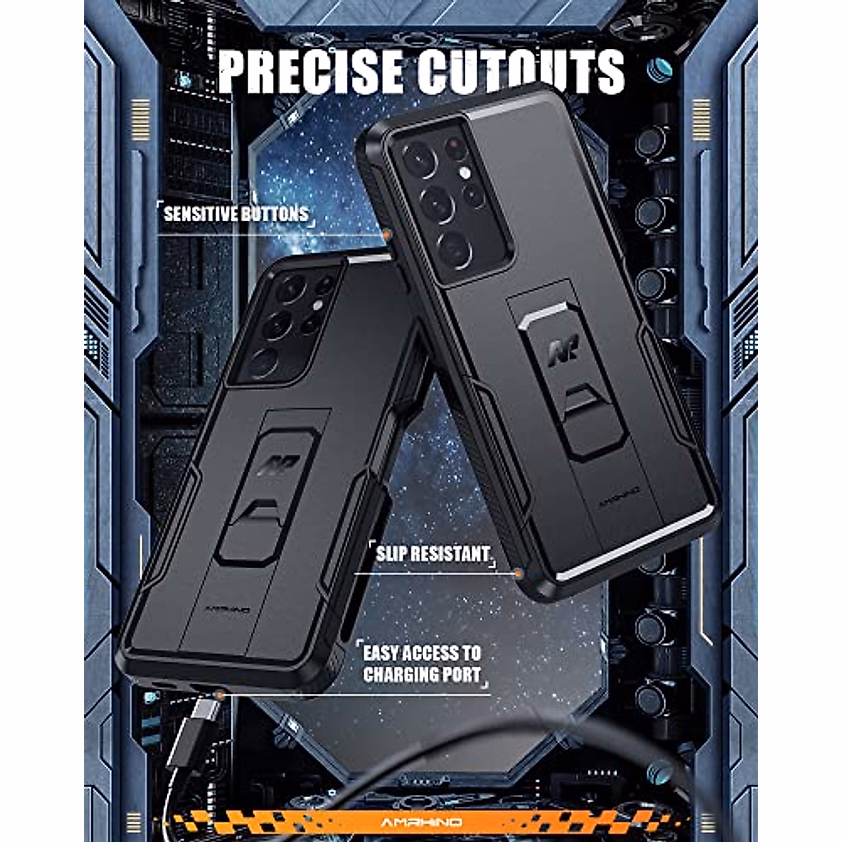 AMRHINO for Samsung Galaxy S21 Ultra Case with Built-in Screen Protector & Kickstand & S Pen Holder & Rugged Belt-Clip, Full-Body Heavy Duty Phone Case for Samsung S21 Ultra 5G 6.8 inch, Black