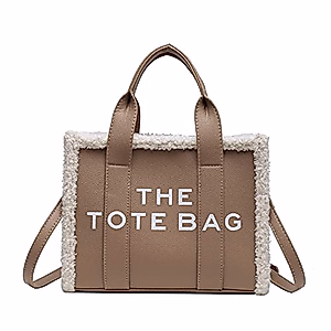 Womens Leather The Tote Bags Top-Handle Crossbody Bag with Fluffy Furry Cute Handbag for Travel Work (khaki,one size)