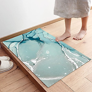 Gemhome Marble Absorbent Kitchen Rugs and Mats Set of 2, Modern Marble Non-Slip Comfort Floor Rug, Doormat Runner Carpet for Laundry Bathroom 15.7x23.6in+15.7x47.2in, Aqua Teal Marble Pattern