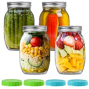 32 oz Wide Mouth Mason Jars with Metal Lids & Plastic Lids, Quart Size Clear Glass Jars for Preserving, Meal Prep, Salad, Canning, Fermenting, Favors, Home Decor, DIY - 4 Pack1