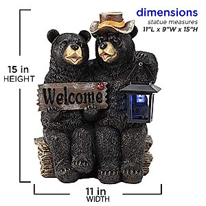 Alpine Corporation 15" Tall Outdoor Bear Couple with Lantern and Welcome Sign Statue with Solar LED Light Yard Art Decoration