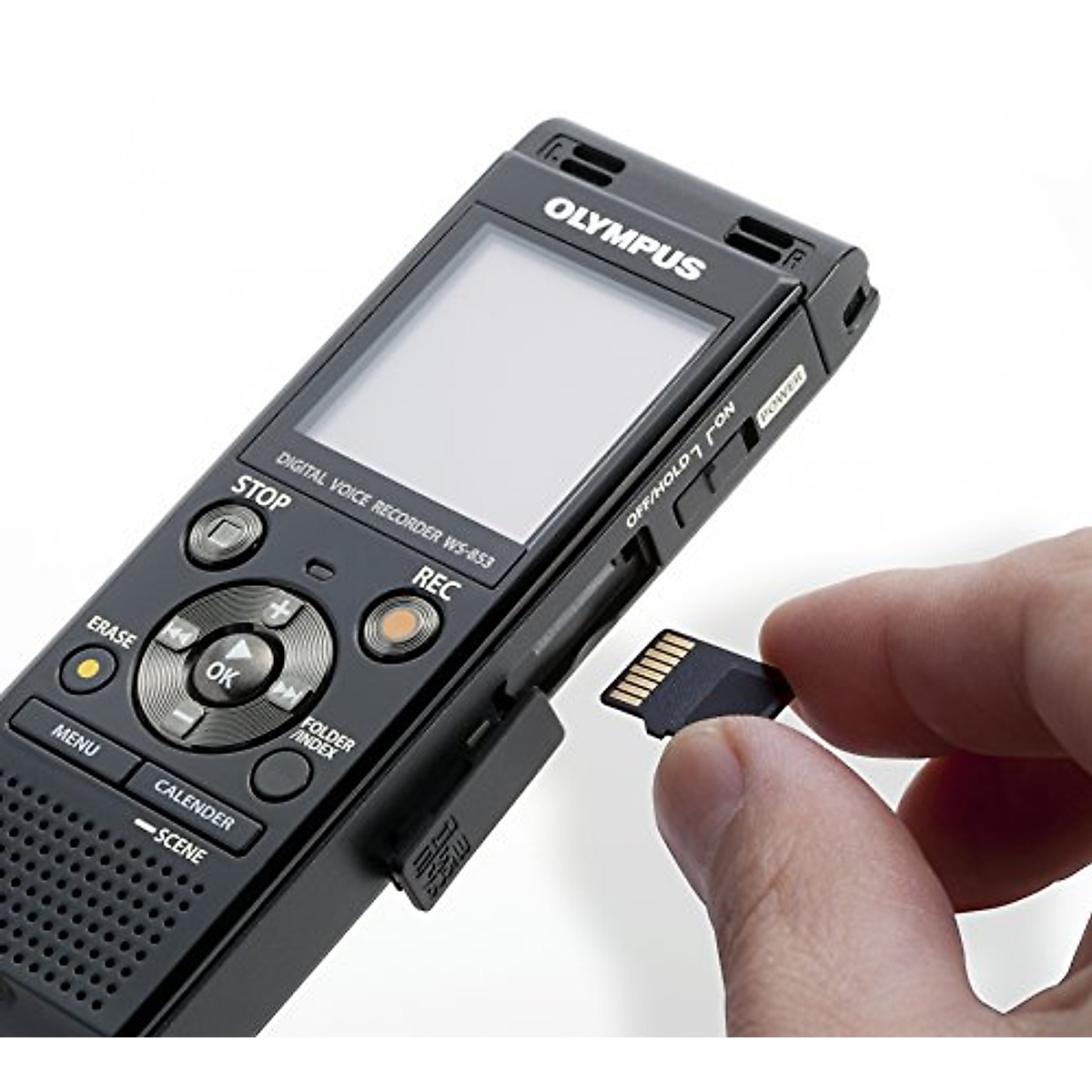 Olympus WS-853 black voice recorder with true stereo mic, 8GB, 110 hours battery life, voice balance, direct USB connection, with MP3 file format.
