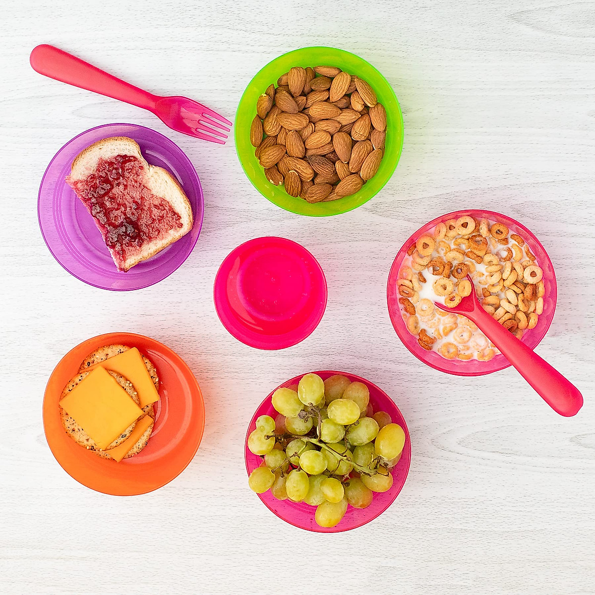 Cuddly Hippo Kids Plastic Dinnerware Set of 36 Multi Color Pieces (Plates, Bowls, Cups and Flatware) - Reusable, BPA-Free, Dishwasher Safe and Microwaveable