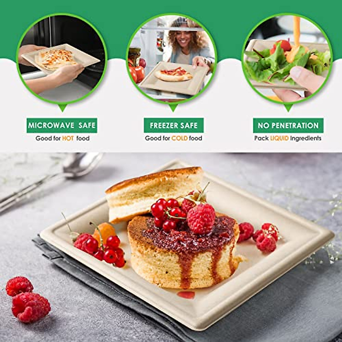 Gezond Compostable Square Plates 6 Inch 50 Pack Disposable Paper Plates Sugarcane Cake Plates for Party Unbleached Eco-friendly Salad Plates