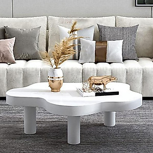 LITFAD Scandinavian Free Form Coffee Table with 3 Wooden Legs in Pine Wood Modern Solid Wood Living Room Table - White
